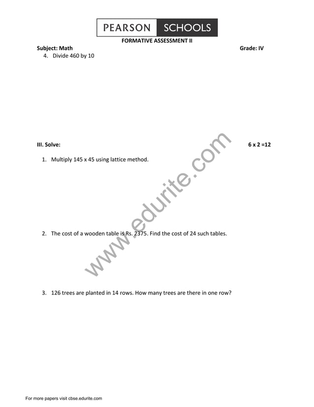 Class 4 Cbse Maths Question Paper FA 2 | PDF