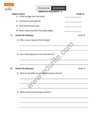 Class 4 Cbse Science Question Paper FA 2 | PDF