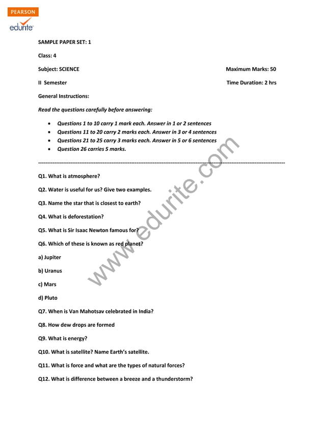 Class 4 Cbse Science Sample Paper Term 2 Model 1 | PDF | Geology | Science