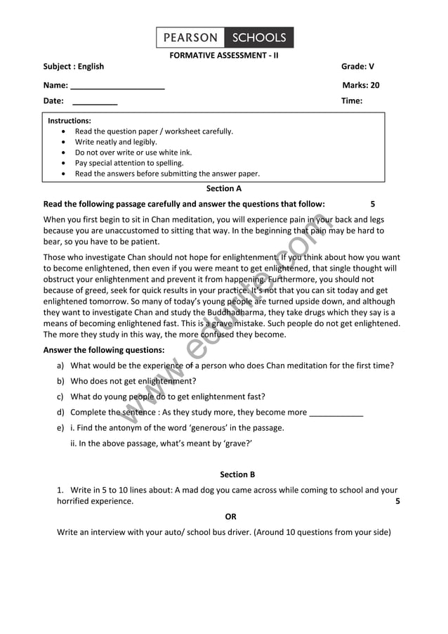 Class 5 Cbse English Question Paper FA 2 | PDF