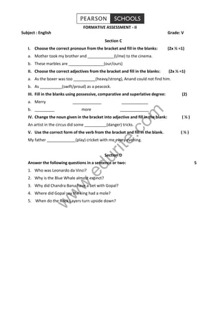 Class 5 Cbse English Question Paper FA 2 | PDF