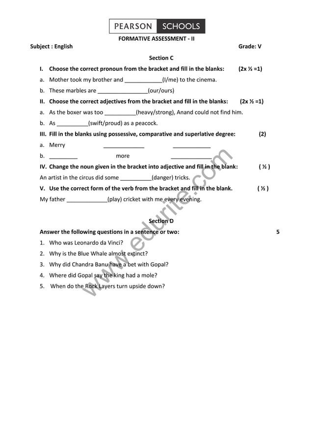 Class 5 Cbse English Question Paper FA 2 | PDF