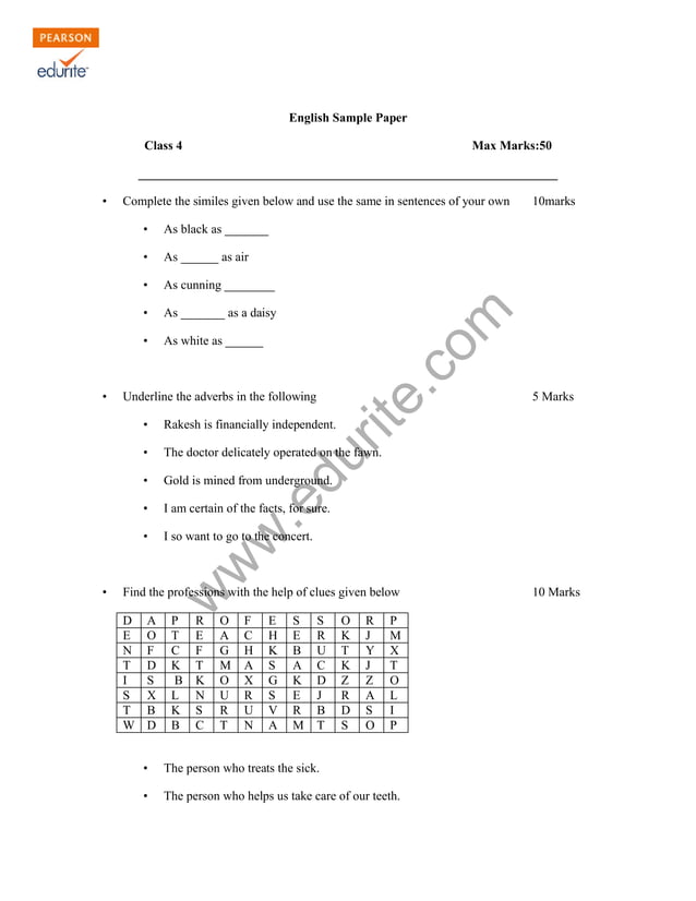 Class 5 Cbse English Sample Paper Model 2 | PDF