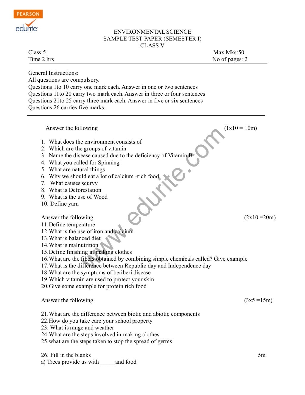 Class 5 Cbse EVS Sample Paper Term 1 Model 1 class-5-cbse-evs-sample-paper-term-1-model-1