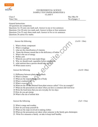 Class 5 Cbse EVS Sample Paper Term 1 Model 2 | PDF