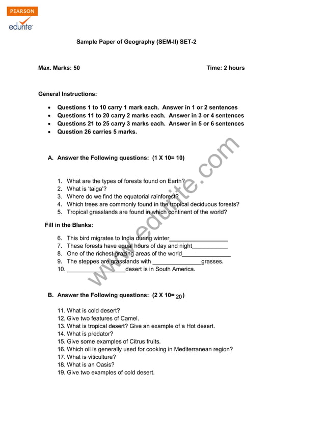 Class 5 Cbse Geography Sample Paper Term 2 Model 2 | PDF | South ...