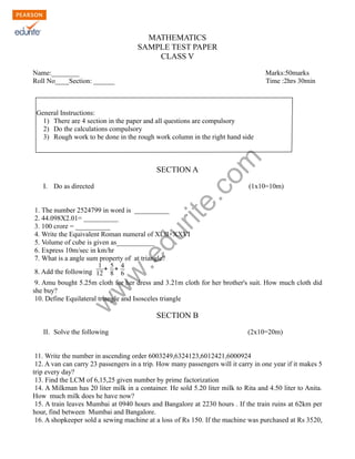Class 5 Cbse Maths Sample Paper Model 2 | PDF