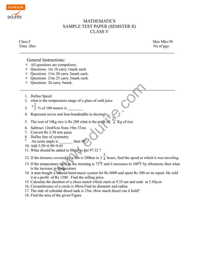Class 5 Cbse Maths Sample Paper Term 2 Model 1 | PDF | Physics | Science
