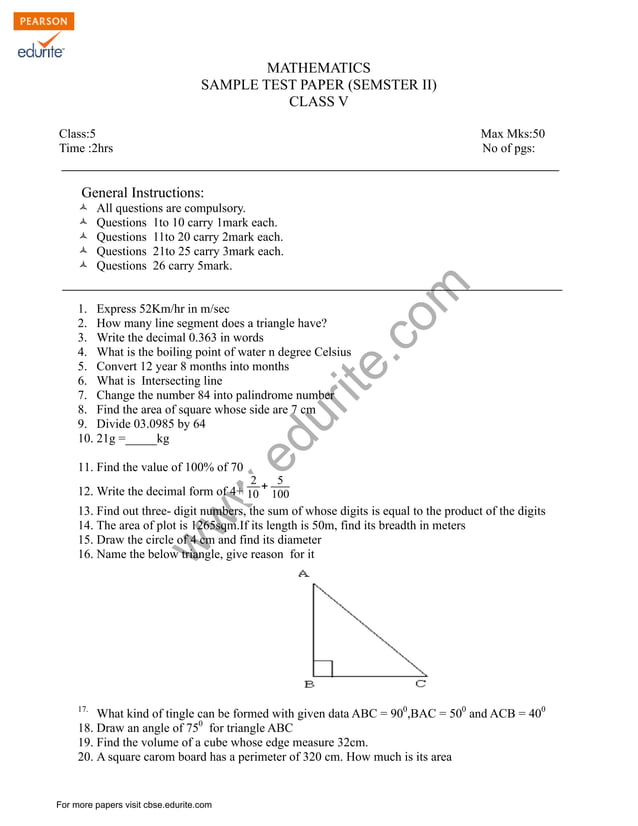 Cbse Class 5 Maths Sample Paper Term 2 Model 2 | PDF | Physics | Science