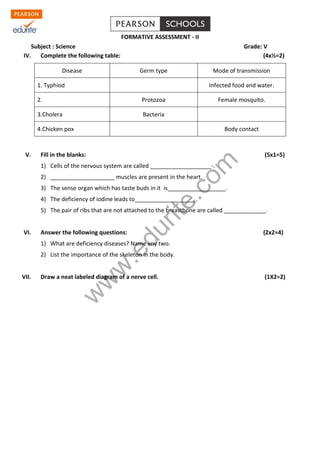 Class 5 Cbse Science Question Paper FA 2 | PDF