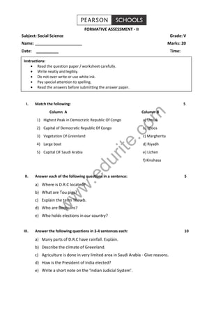 Class 5 Cbse Social Science Question Paper FA 2 | PDF