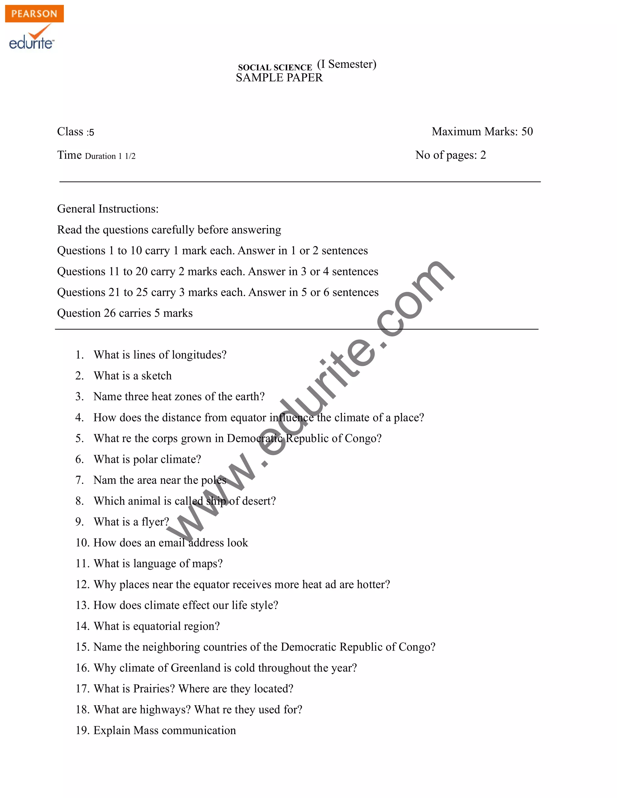 Class 5 Cbse Social Science Sample Paper Term 1 Model 3 | PDF