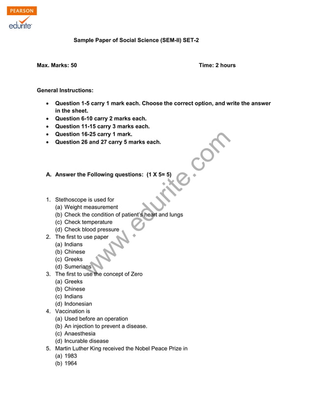 Class 5 Cbse Social Science Sample Paper Term 2 Model 2 | PDF | Medical Health