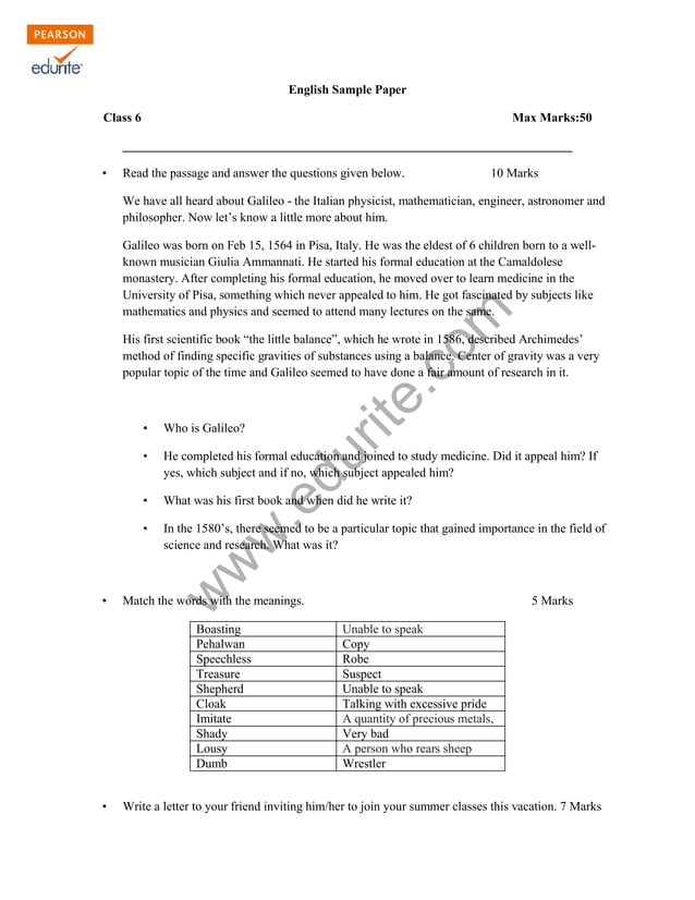 Class 6 Cbse English Sample Paper Model 2 | PDF