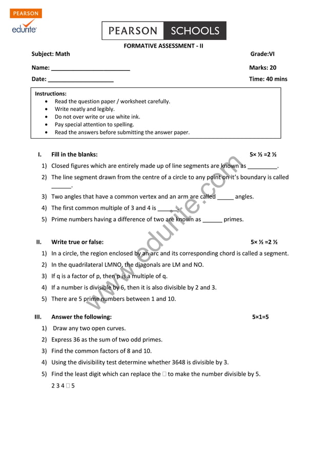 Class 6 Cbse Maths Question Paper FA 2 | PDF