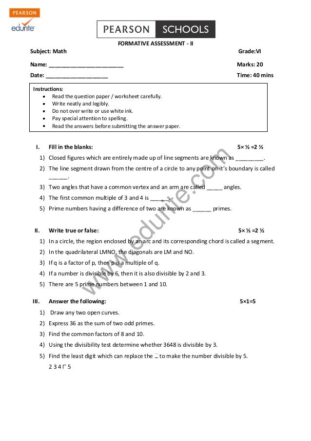 Class 6 Cbse Maths Question Paper FA 2 Class 6 Cbse Maths Question Paper FA 2