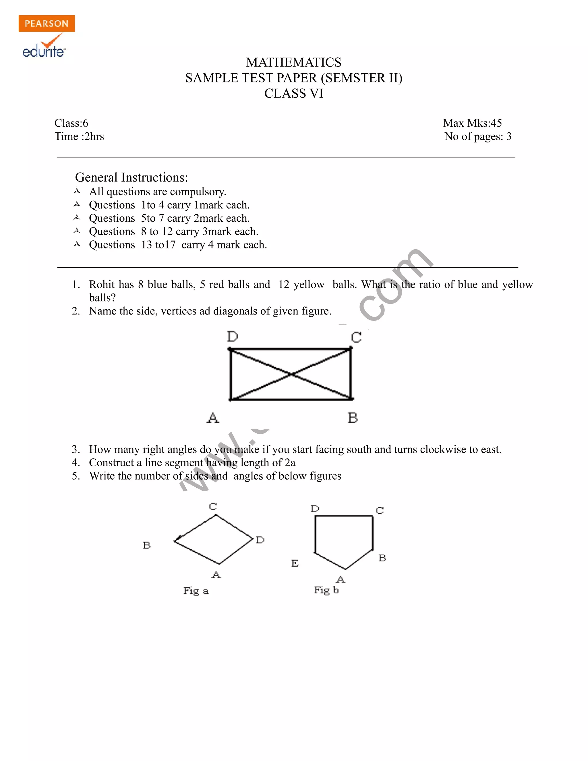 Class 6 Cbse Maths Sample Paper Term 2 Model 1 | PDF