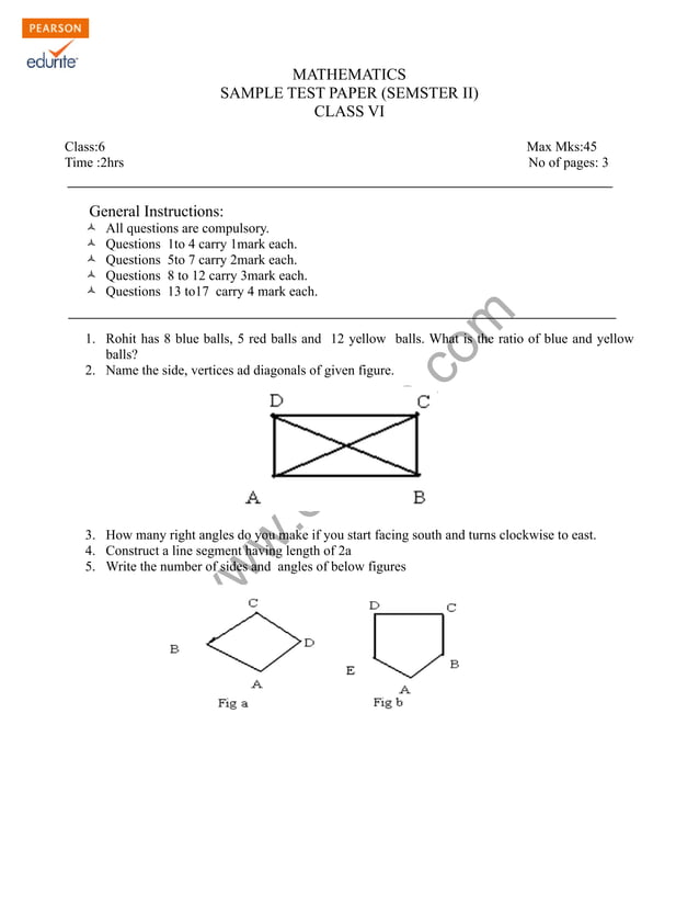 Class 6 Cbse Maths Sample Paper Term 2 Model 1 | PDF