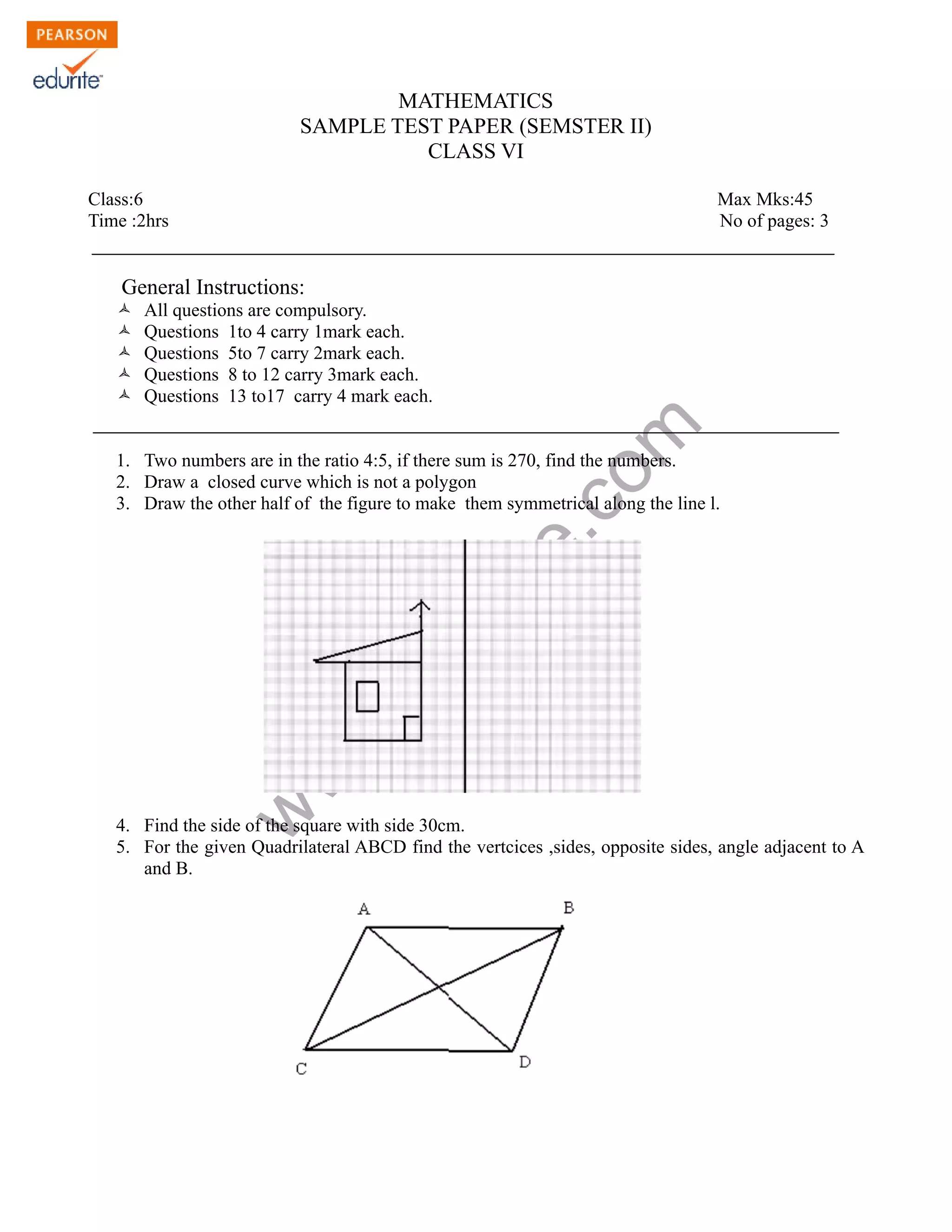 Class 6 Cbse Maths Sample Paper Term 2 Model 2 | PDF