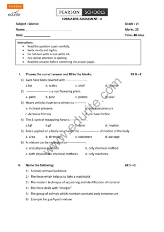 Class 6 Cbse Science Question Paper FA 2 | PDF