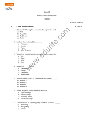 Class 6 Cbse Science Sample Paper Term 1 | PDF