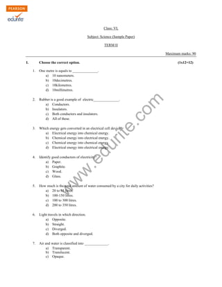 Class 6 Cbse Science Sample Paper Term 2 Model 1 | PDF | Physics | Science