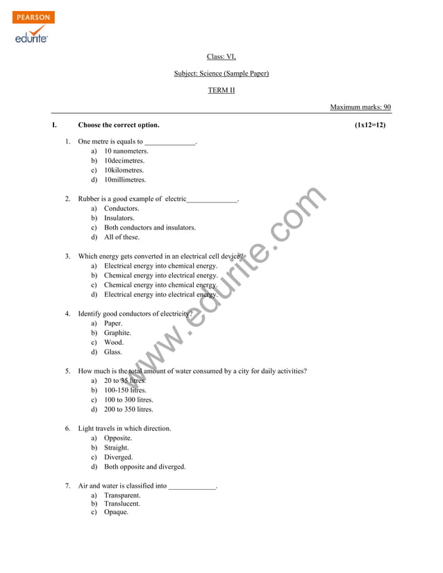 Class 6 Cbse Science Sample Paper Term 2 Model 1 | PDF | Physics | Science