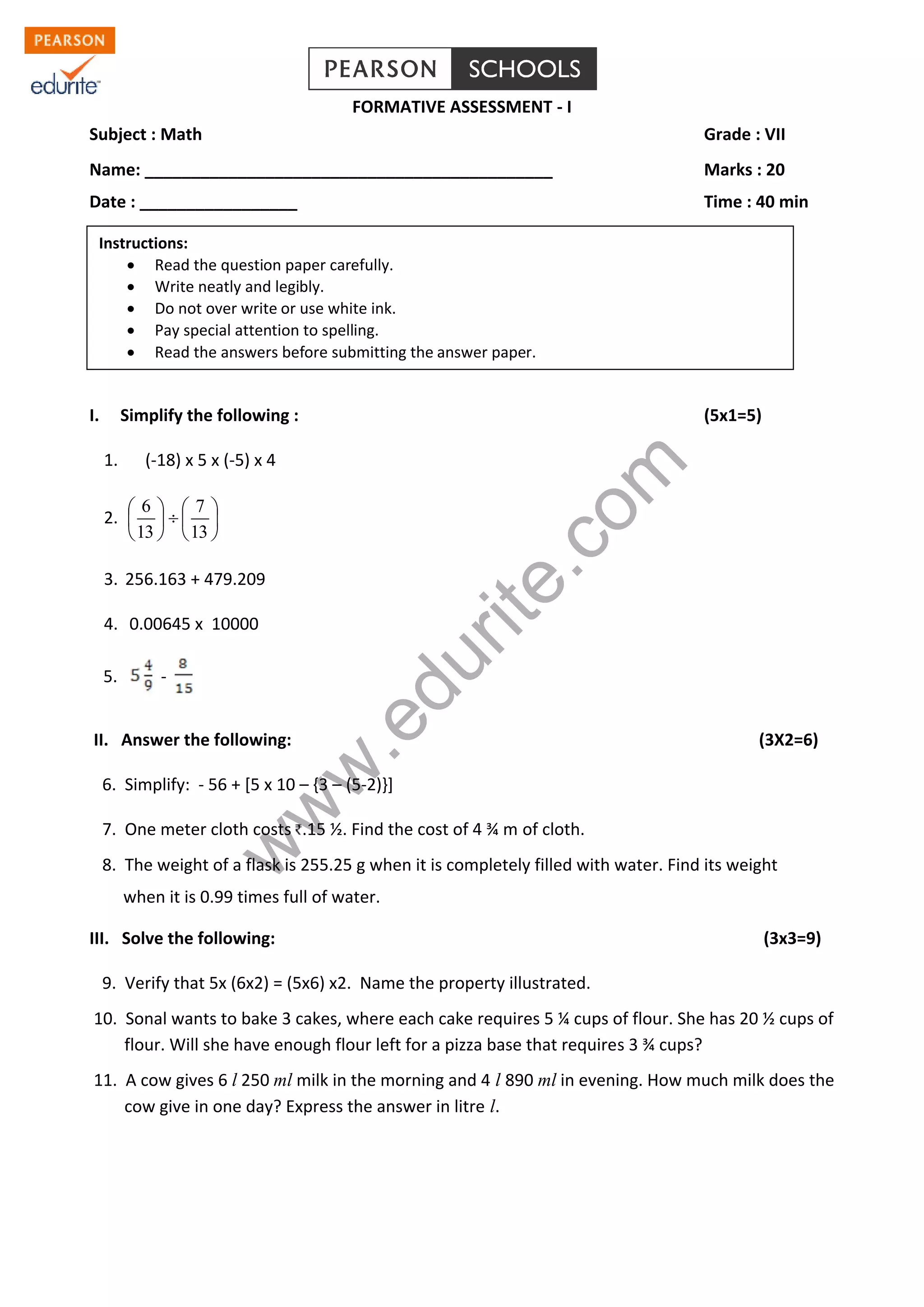 Class 7 Cbse Maths Question Paper | PDF | Educational Assessment | Education