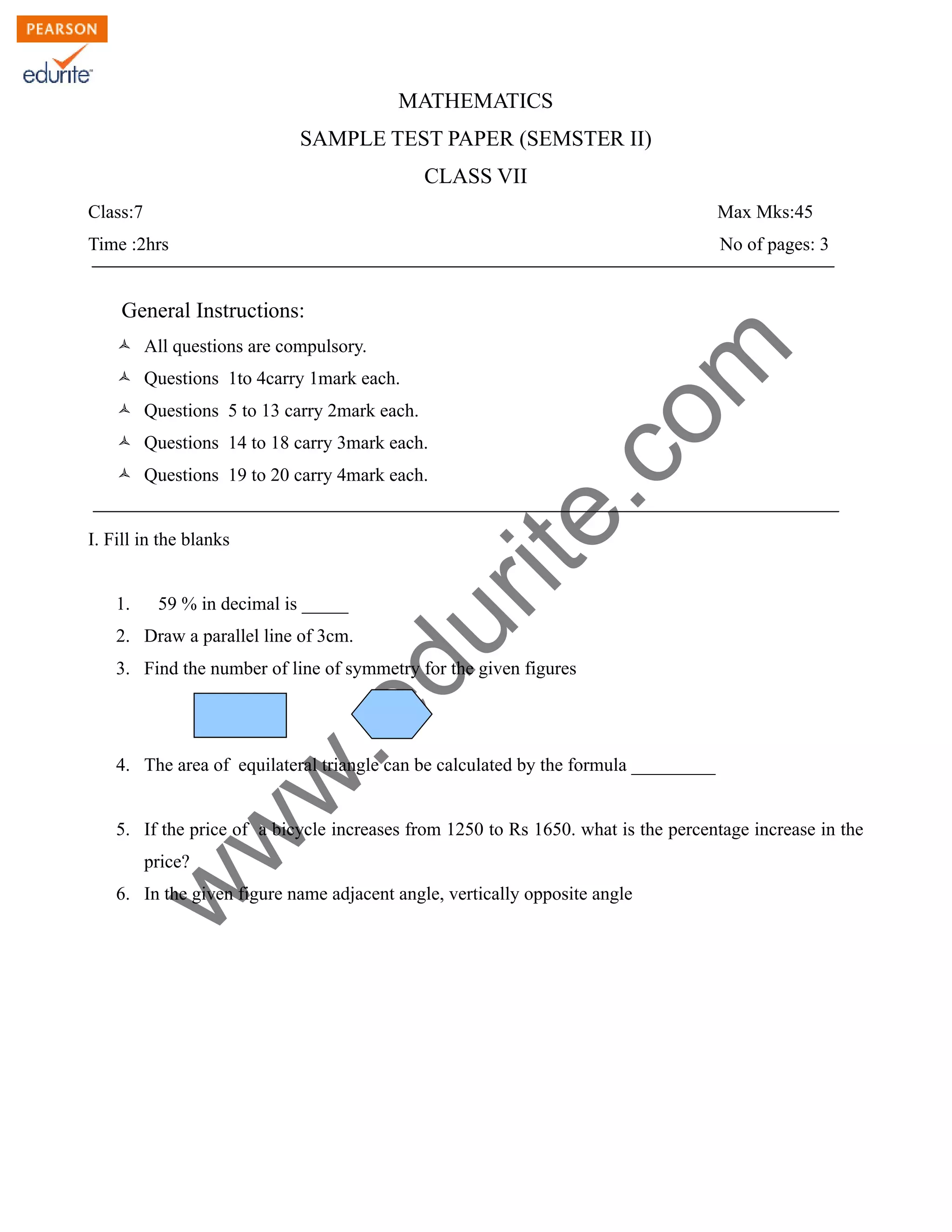 Class 7 Cbse Maths Sample Paper Term 2 Model 2 | PDF