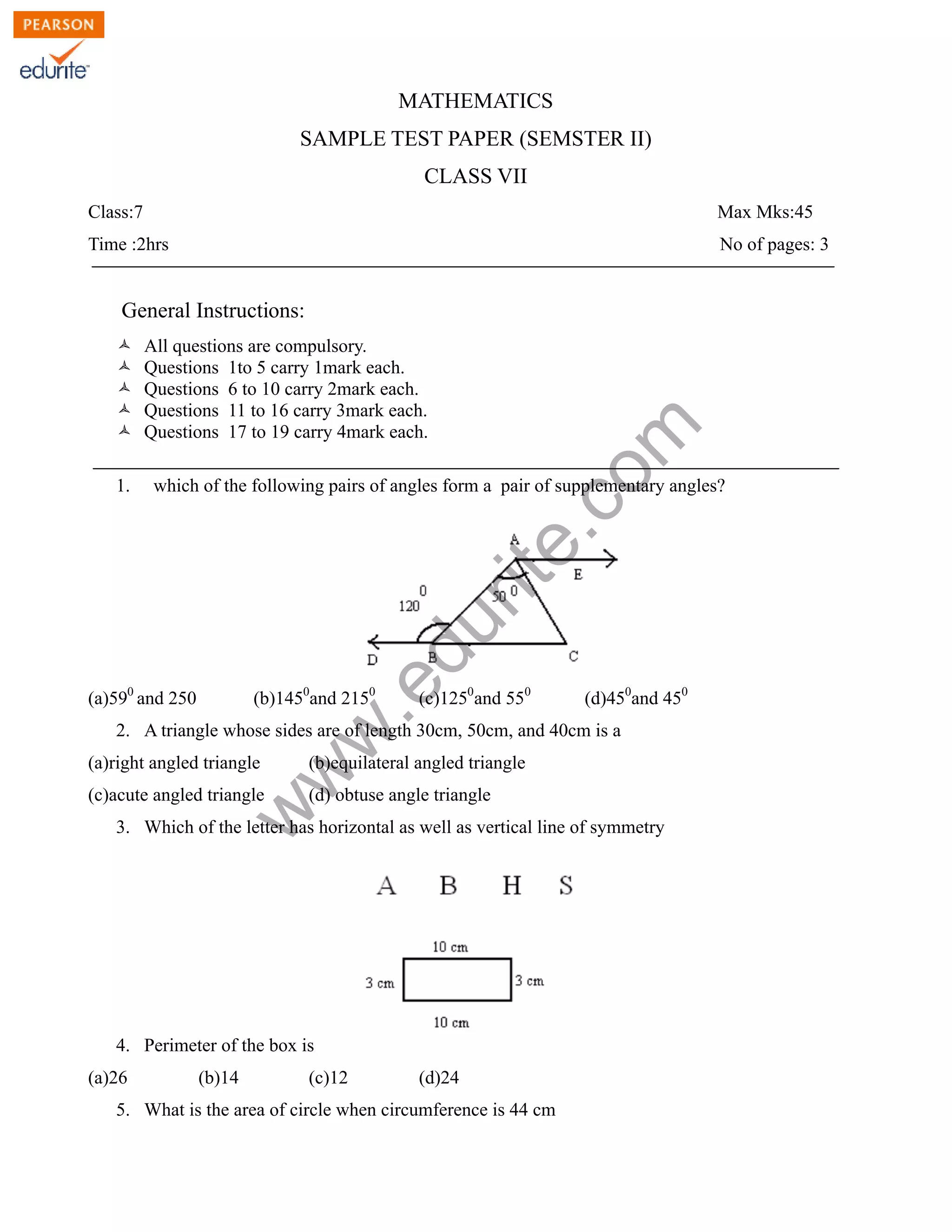 Class 7 Cbse Maths Sample Paper Term 2 Model 3 | PDF