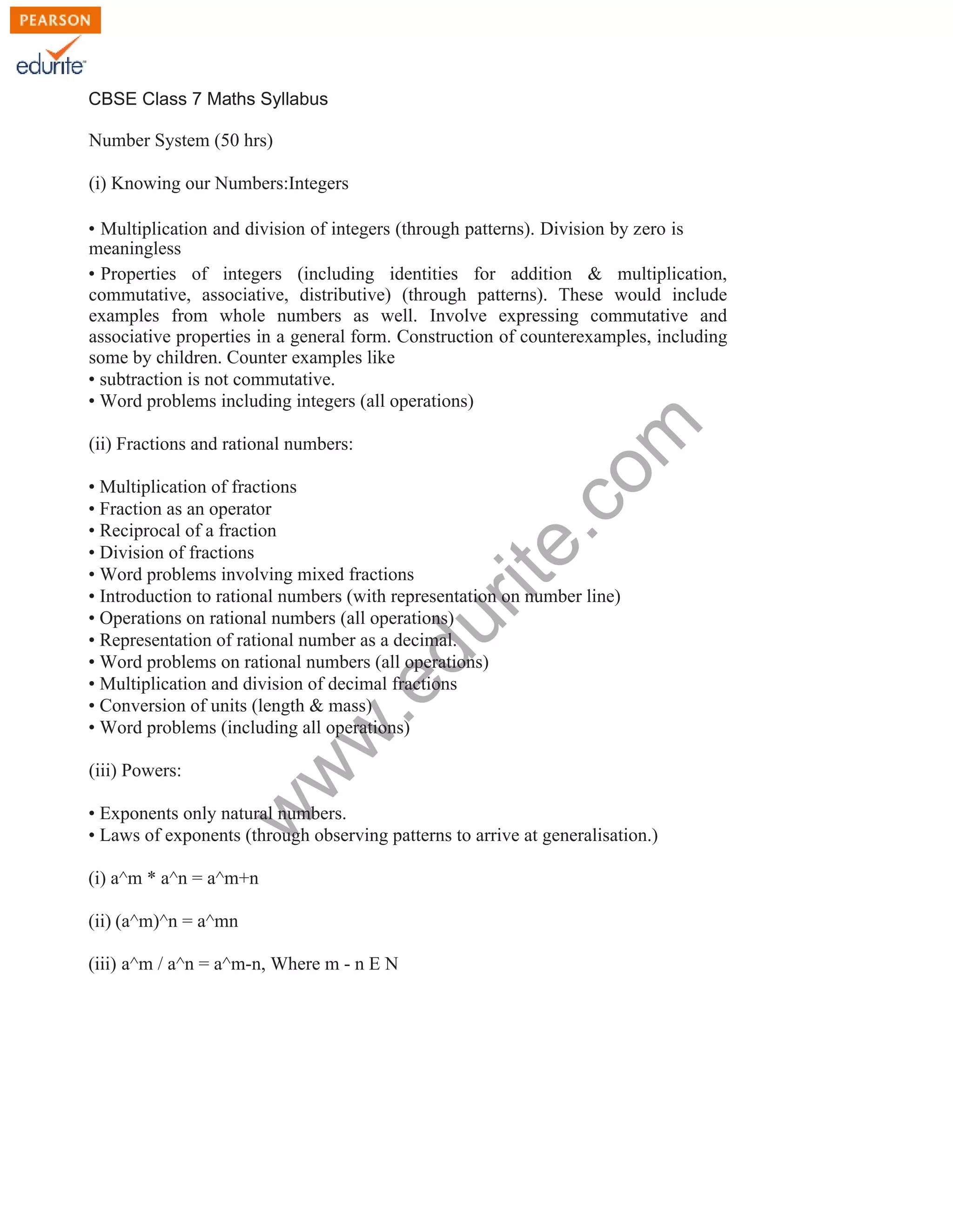 Class 7 Cbse Maths Syllabus 2010-11 | PDF