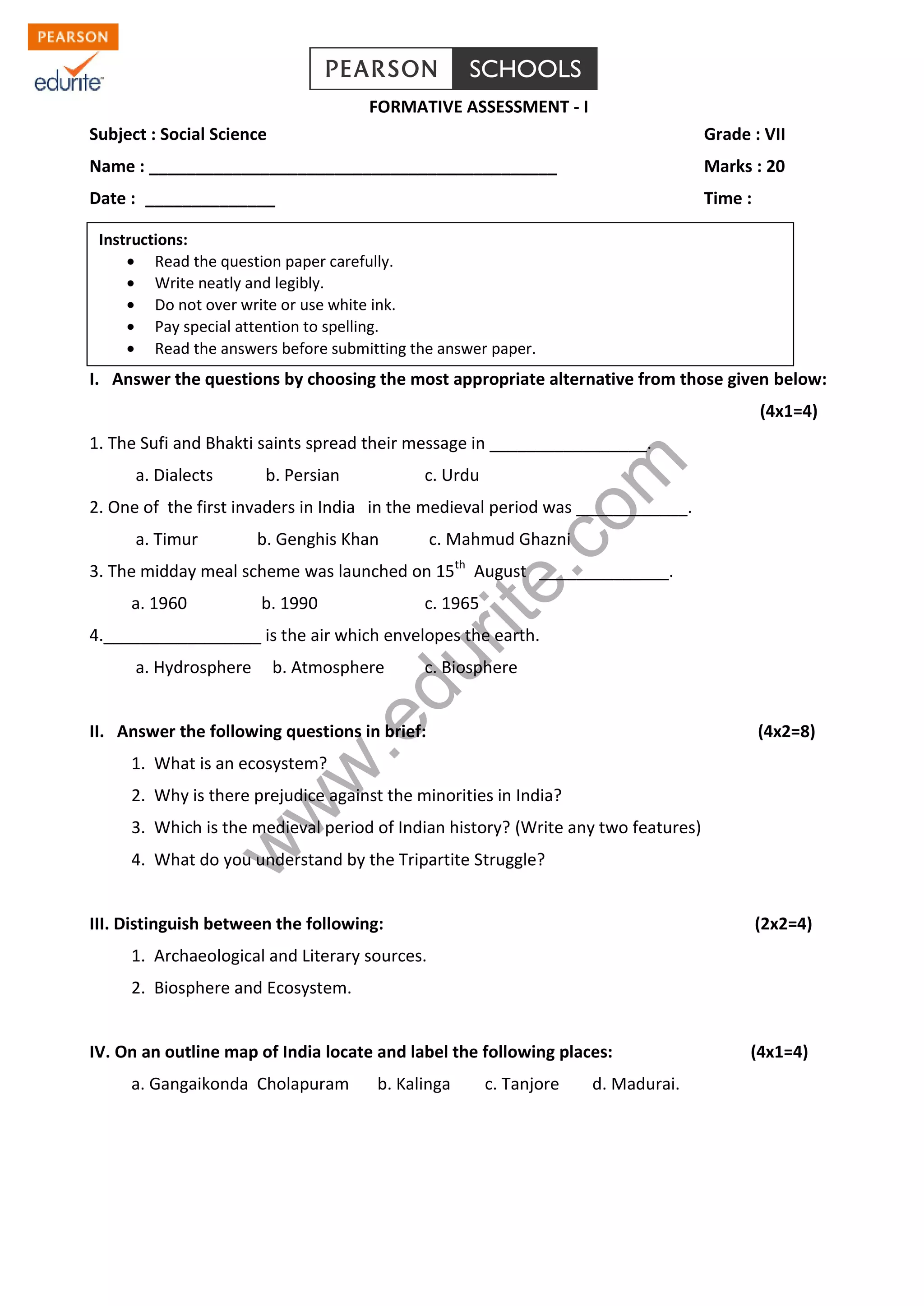 Class 7 Cbse Social Science Question Paper | PDF