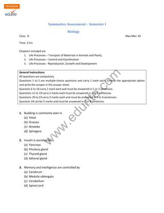 Class 8 Cbse Biology Sample Paper Term 1 Model 1 | PDF
