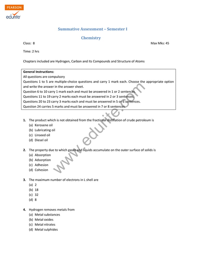 Class 8 Cbse Chemistry Sample Paper Term 1 Model 2 | PDF | Chemistry | Science