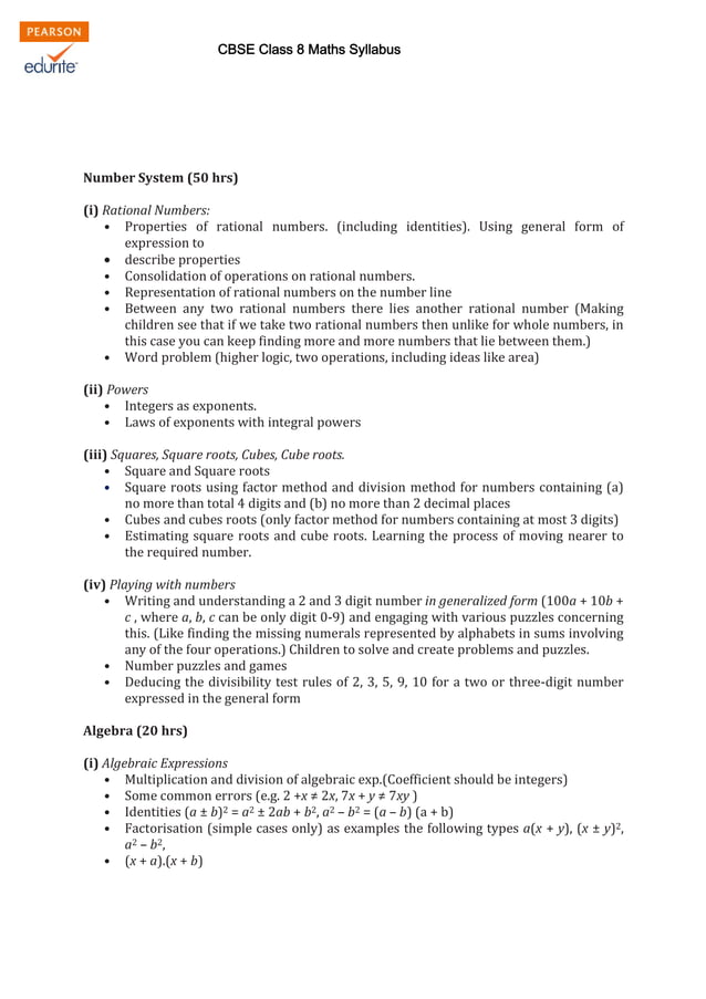 Class 8 Cbse Maths Syllabus 2011-12 | PDF