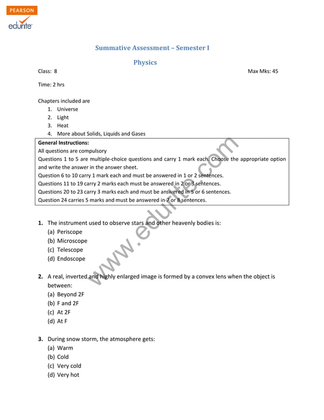 Class 8 Cbse Physics Sample Paper Term 1 Model 1 | PDF