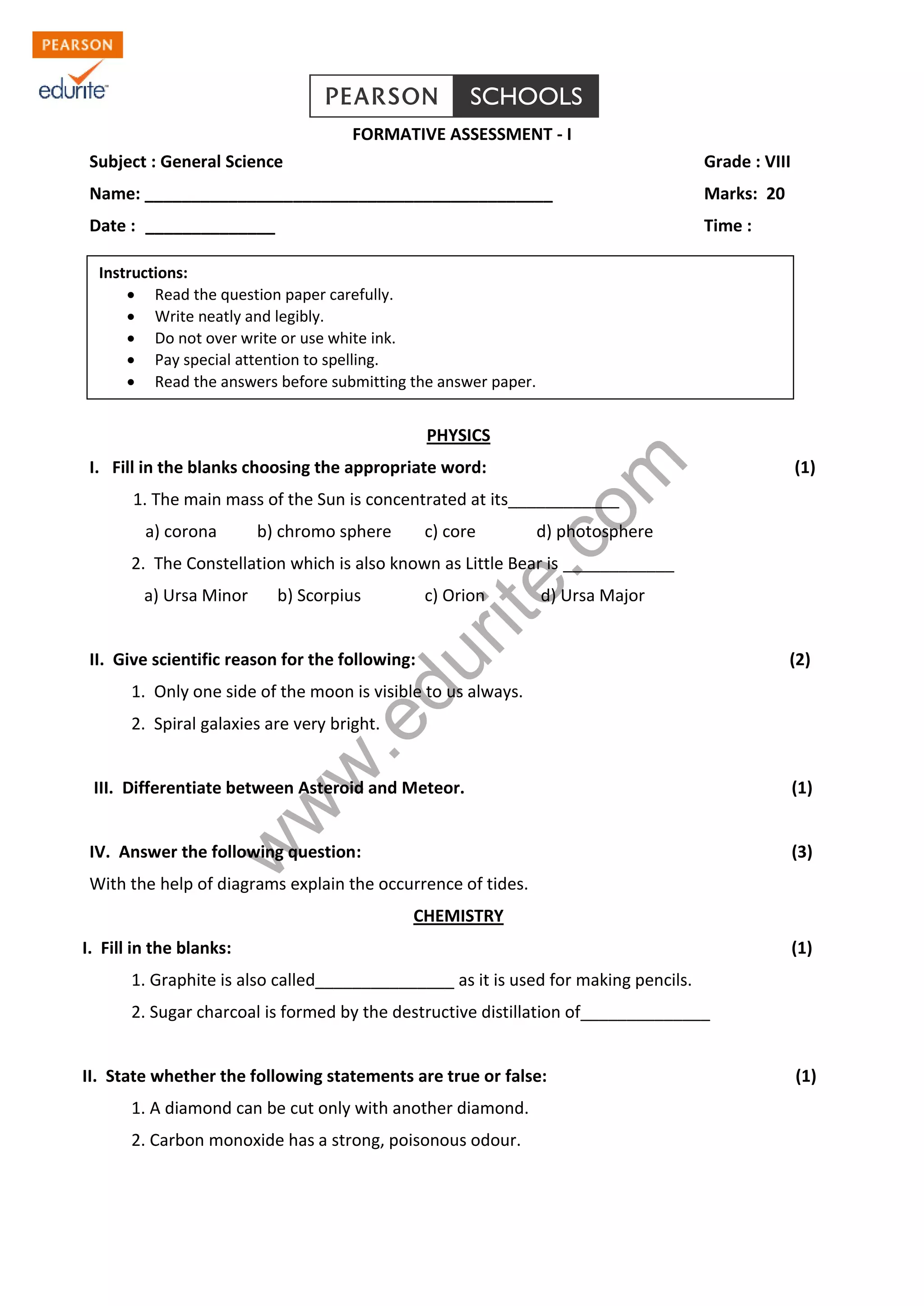 Class 8 Cbse Science Question Paper FA 1 | PDF