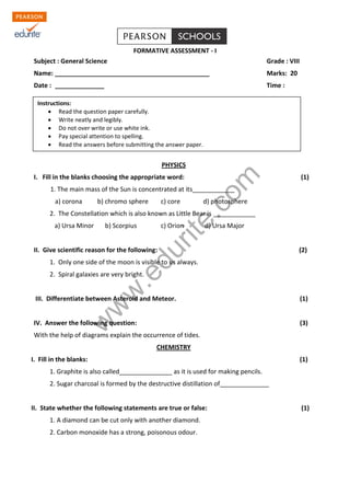 Class 8 Cbse Science Question Paper FA 1 | PDF