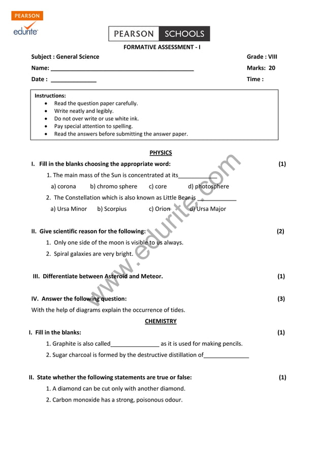 Class 8 Cbse Science Question Paper FA 1 | PDF