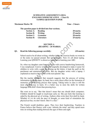 Class 9 Cbse English Communicative Sample Paper Term 1 2011 | PDF