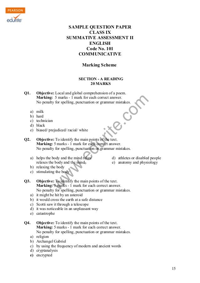 Class 9 Cbse English Communicative Term 2 Sample Paper 2011