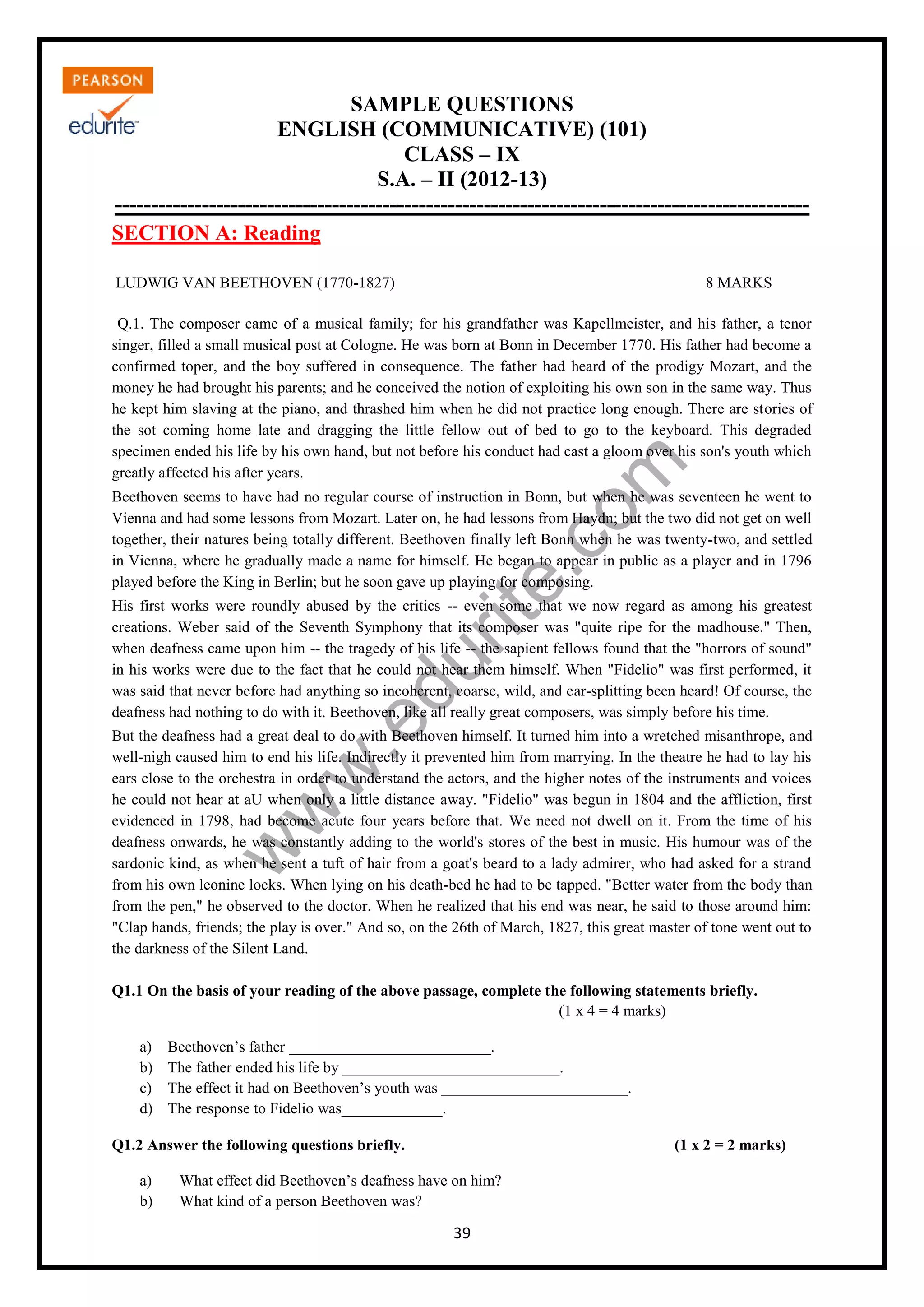 Class 9 Cbse English Communicative Term 2 Sample Paper 2012-13 | PDF