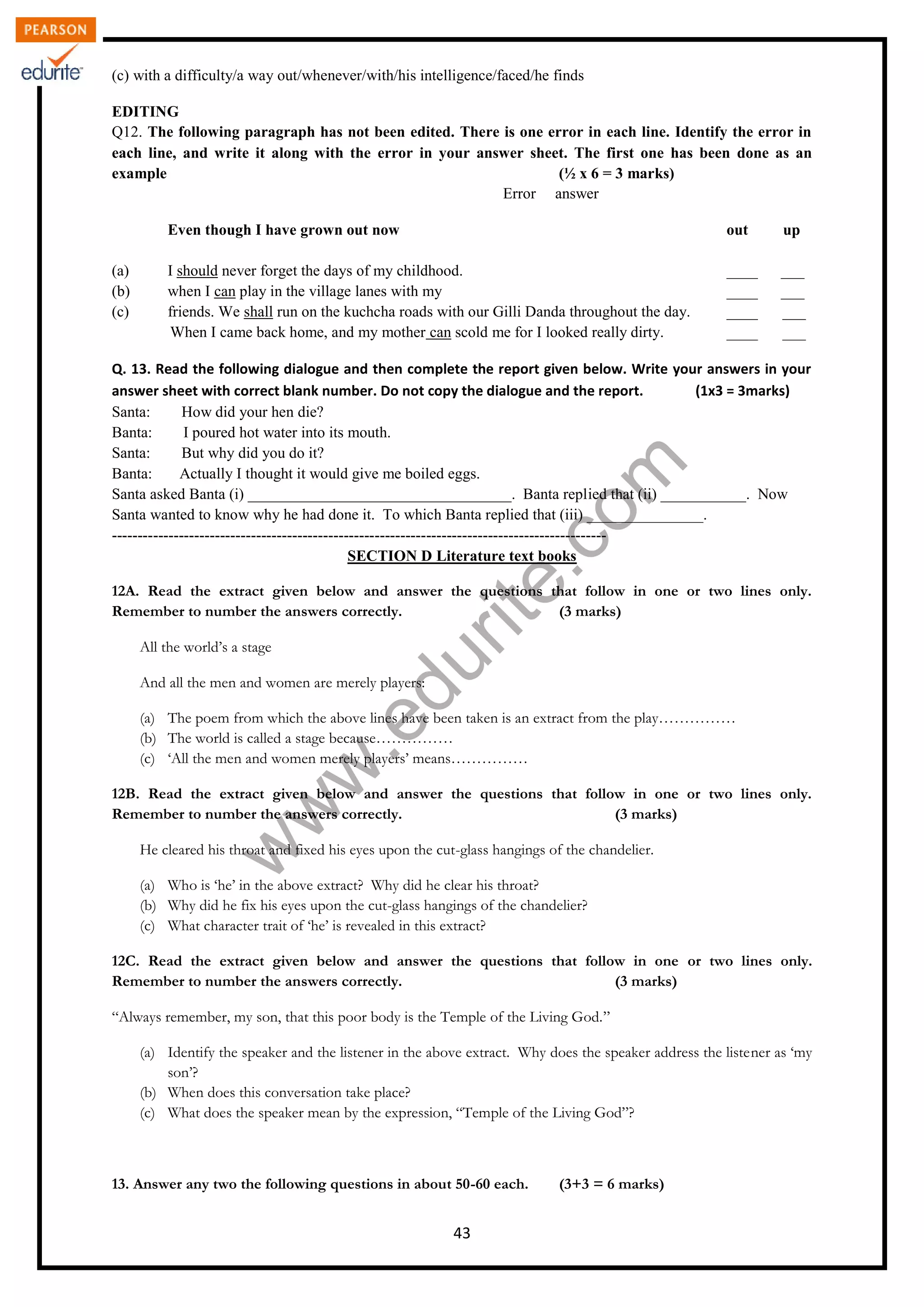Class 9 Cbse English Communicative Term 2 Sample Paper 2012-13 | PDF