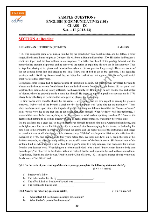 Class 9 Cbse English Communicative Term 2 Sample Paper 2012-13 | PDF