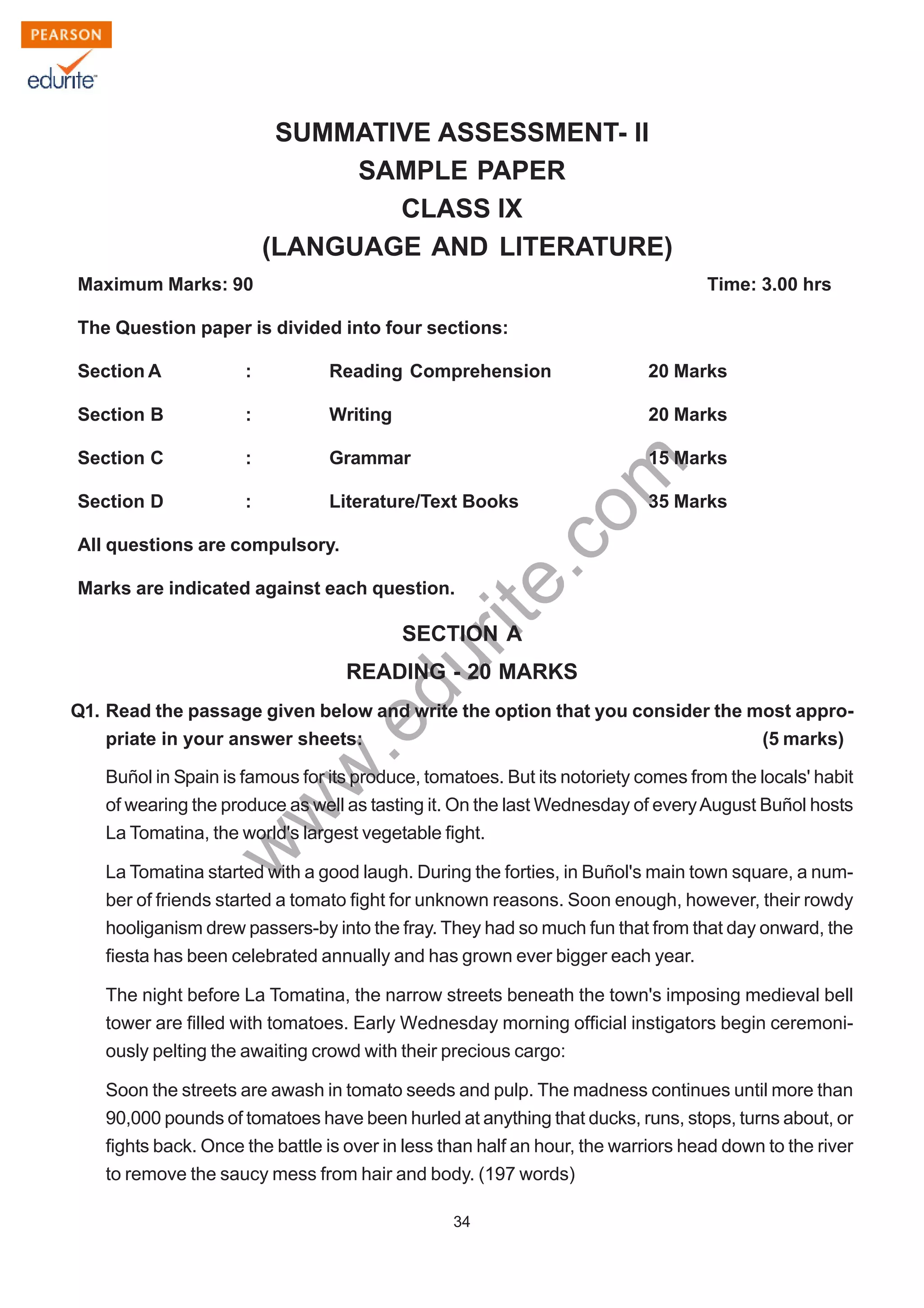 Class 9 Cbse English Language Literature Sample Paper Term 2 | PDF