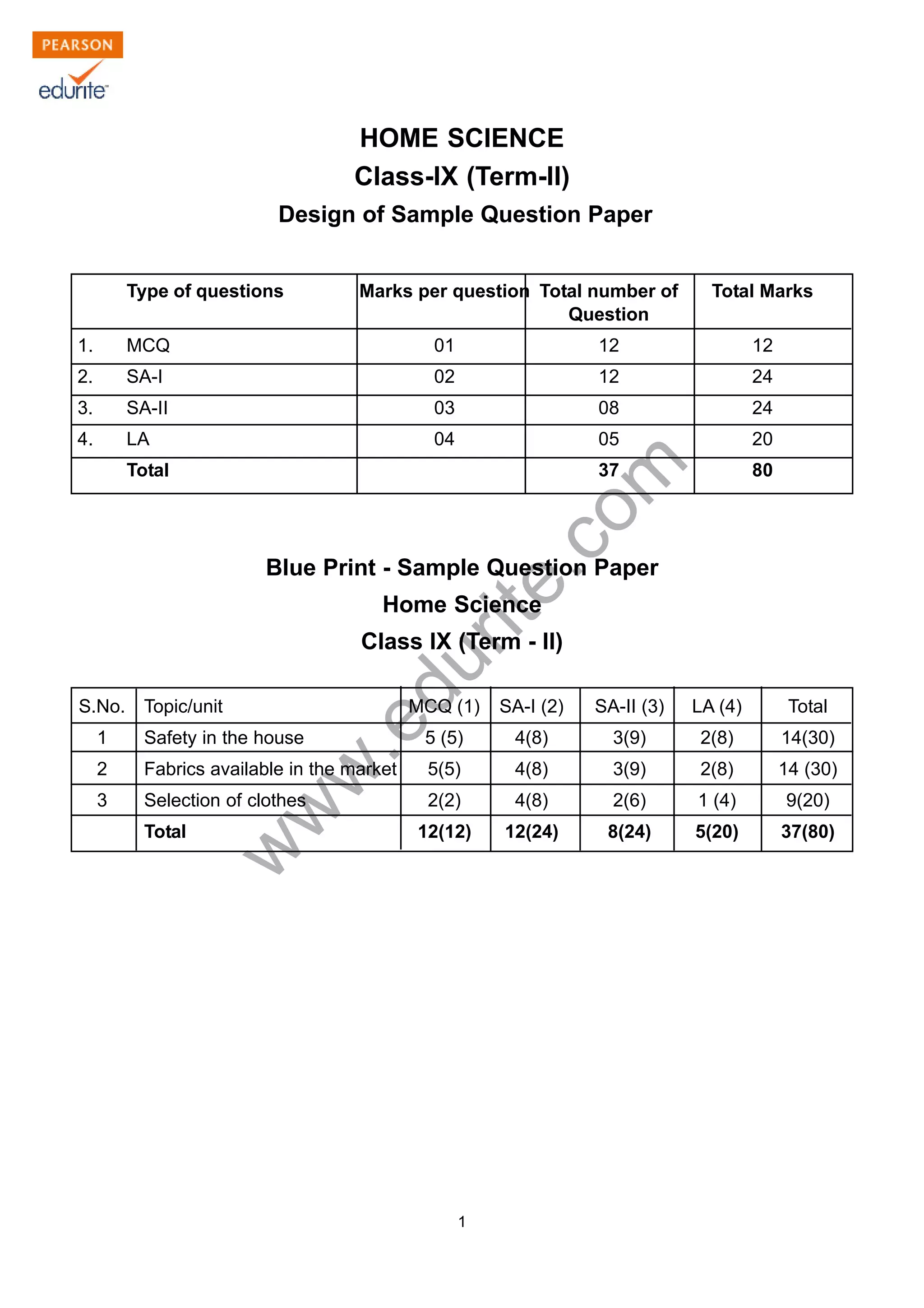 Class 9 Cbse Home Science Term 2 Sample Paper 2011 | PDF