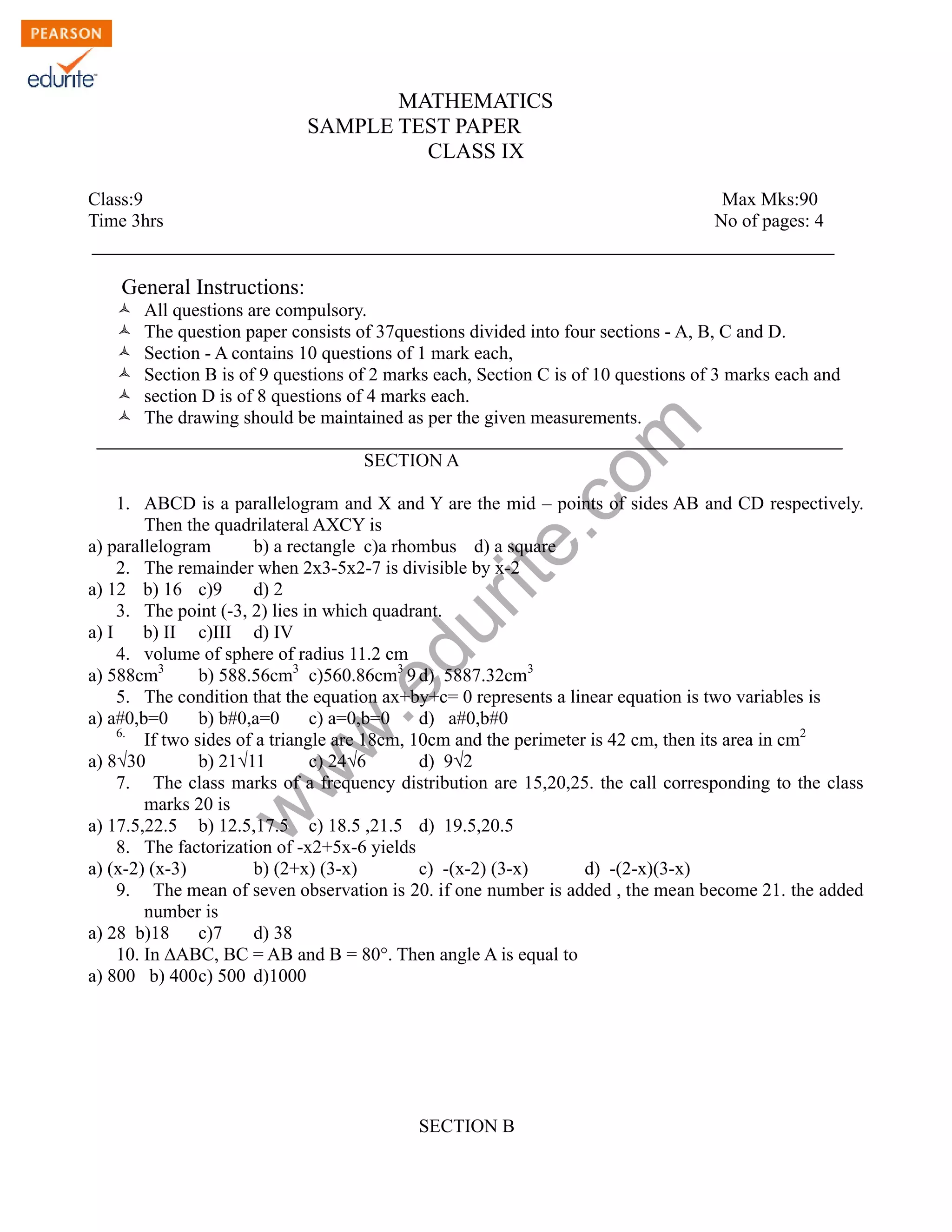 Class 9 Cbse Maths Sample Paper Model 3 | PDF