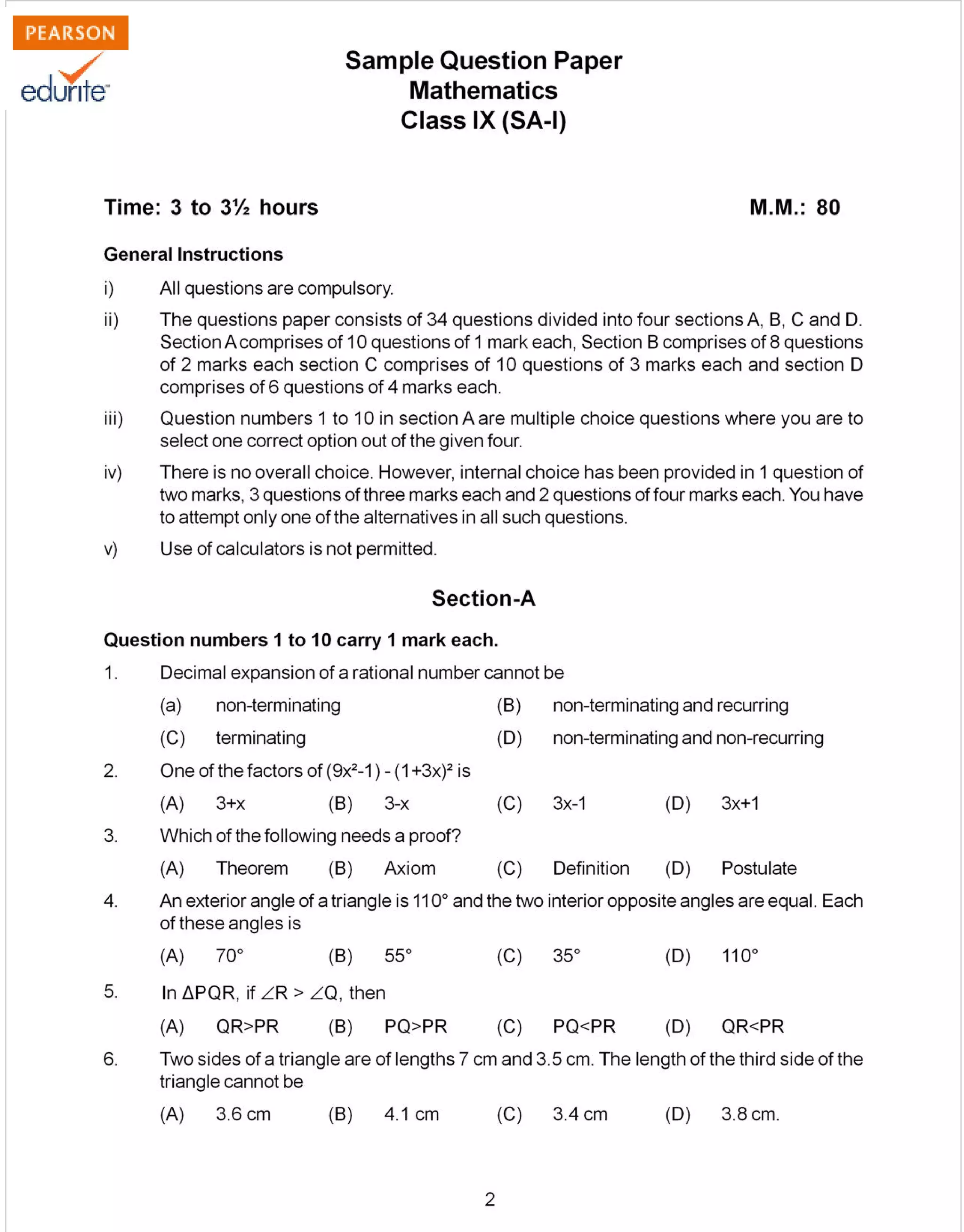 Class 9 Cbse Maths Sample Paper Term 1 | PDF
