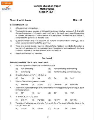 Class 9 Cbse Maths Sample Paper Term 1 | PDF