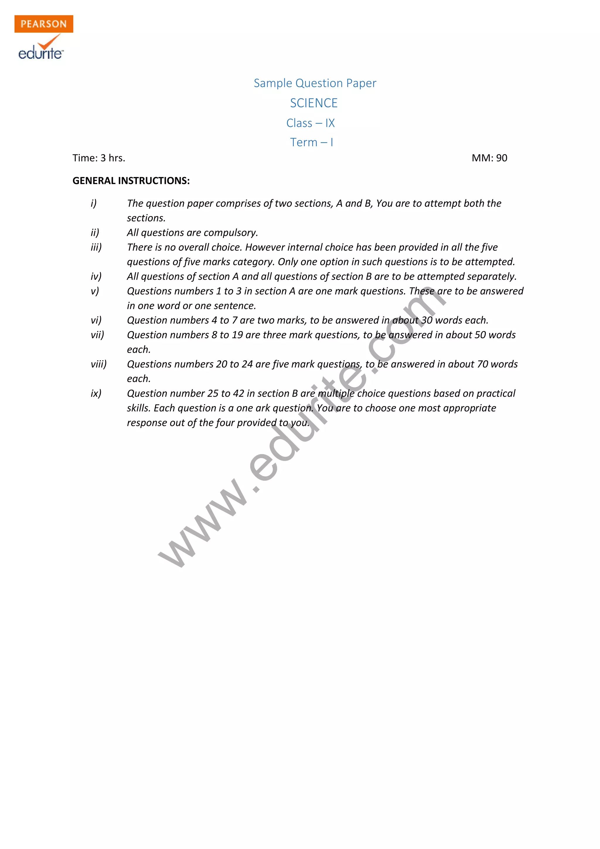 Class 9 Cbse Science Sample Paper Term 1 Model 1 | PDF